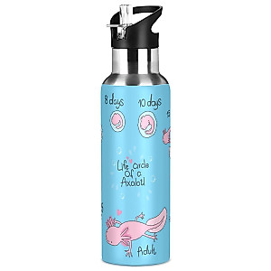 Glaphy Cute Funny Axolotl Blue Water Bottle with Straw Lid, BPA-Free, 32 oz Water Bottles Insulated Stainless Steel, for School, Office, Gym, Sports, Travel