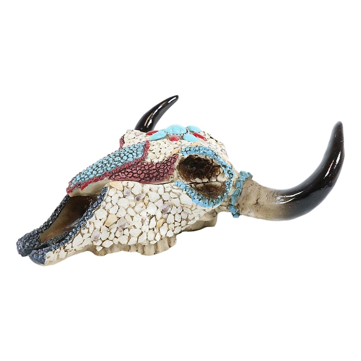 Ebros Gift Western Southwest Steer Bison Buffalo Bull Cow Skull With Mosaic Turquoise and Red Aztec Sun Teardrop Gems Decorative Jewelry Trinket Box Figurine Accent Macabre Ossuary Accent