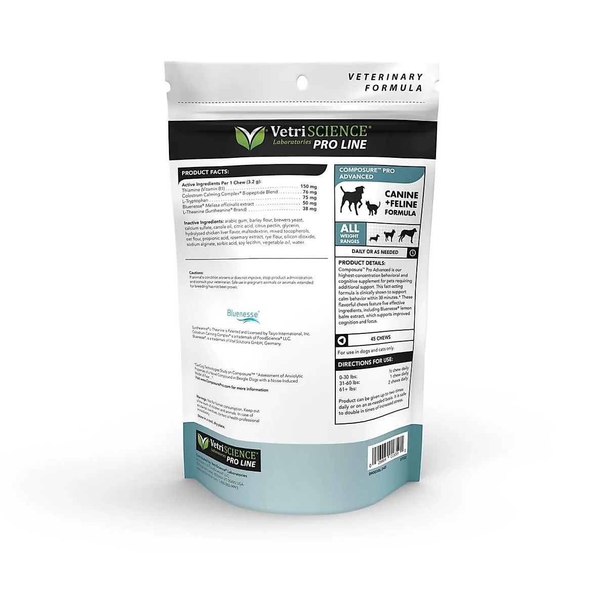 VetriScience Composure Pro Advanced - Advanced Calming Supplement for Dogs & Cats - Calming Aid Soft Chews - Chewable Calming Supplement - Advanced Calming Bite Formula - 45 Chews