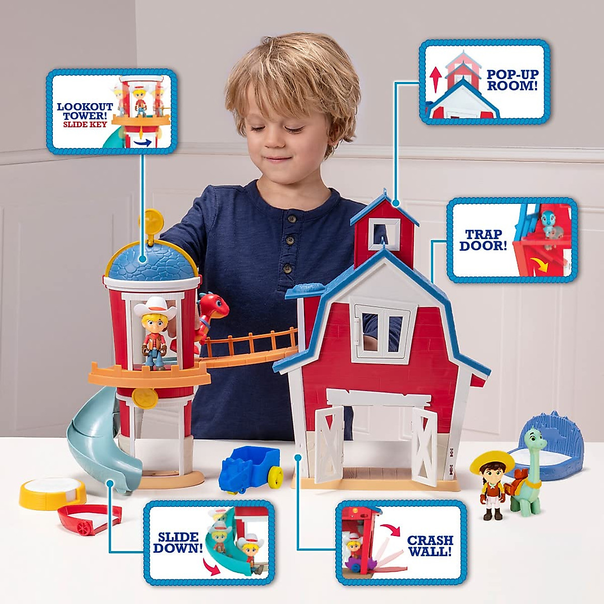 Dino Ranch Clubhouse,Large 12-Inch Playset with Lights & Sound,Features Silo with Slide,Bridge,Extendable Room,2 Dino Ranchers,2 Dinos - Toys for Kids - Amazon Exclusive