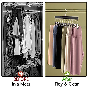 CINPIUK Legging Organizer for Closet, Wooden Hangers with Clips Holds 12 Leggings/Yoga Pants/Jeans/Skirts, Hanging Pants Hangers w/Rubber Coated Clips Space Saving Closet Organizer, Black