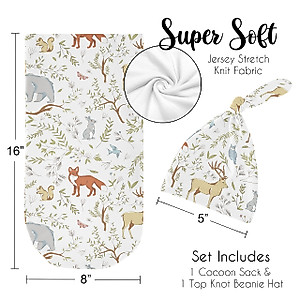 Sweet Jojo Designs Woodland Animal Toile Baby Boy or Girl Cocoon and Beanie Hat 2pc Set Jersey Stretch Knit Sleeping Bag for Infant Newborn Nursery Sleep Wrap Sack - Grey Green Forest Bear Deer Fox