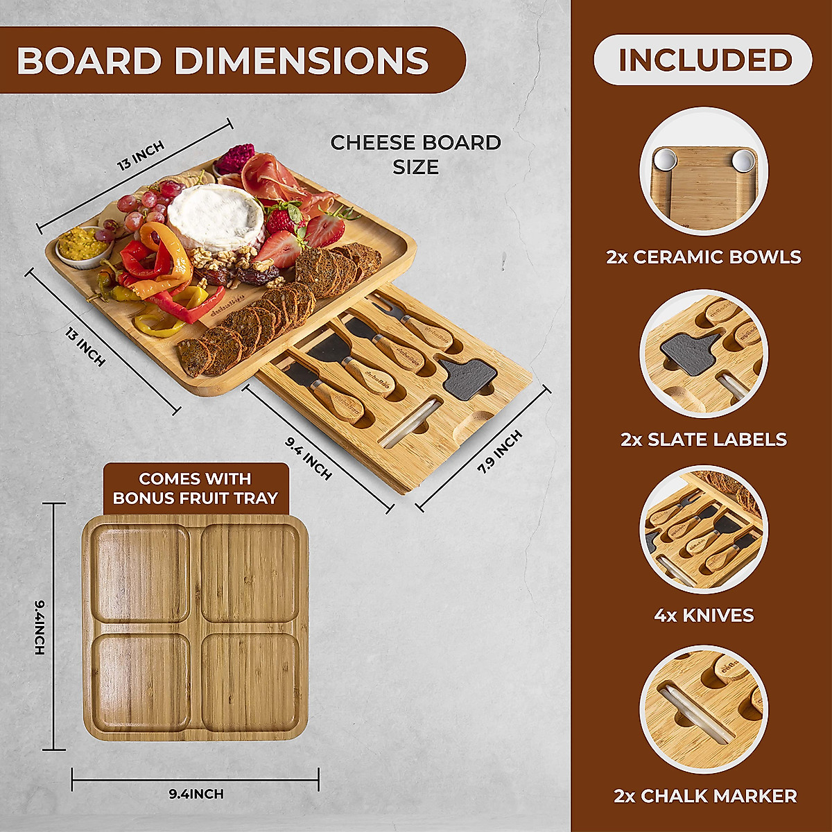 Cheese Board Natural Bamboo Platter with Knife and Forks Set with Ceramic Bowls dubaBoo Charcuterie Platter and Serving Meat, Cheese Board with Slide Out Drawer, Gift for Any Occasion.