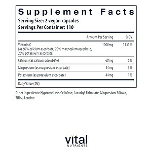 Vital Nutrients Buffered Vitamin C 500mg | Vegan Gentle Vitamin C for Sensitive Individuals* | Immune Support Supplement* | Gluten, Dairy and Soy Free | Non-GMO | 220 Capsules
