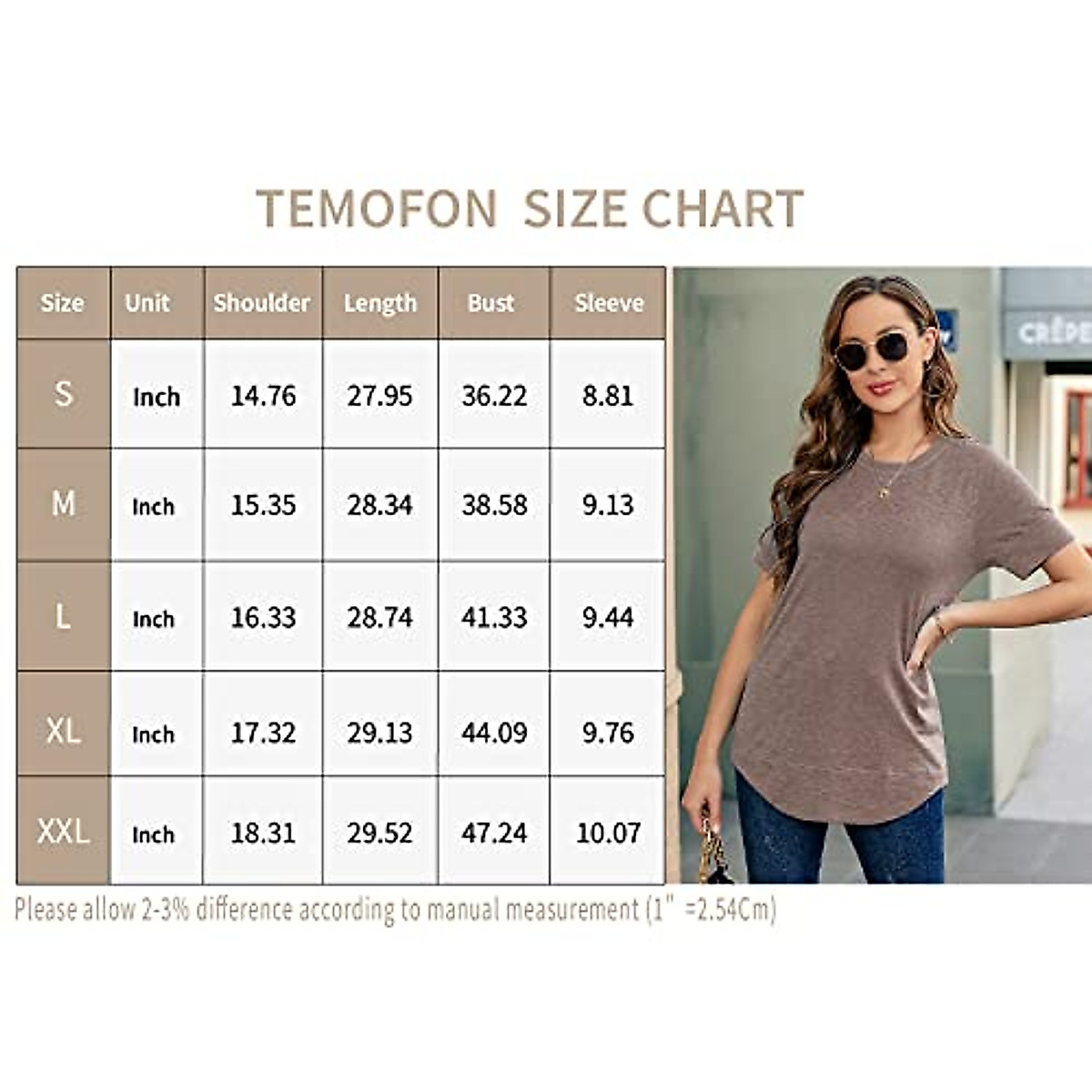 TEMOFON Womens T Shirts Summer Tops: Coffee Short Sleeve Shirt Casual Cotton Tunic Top Women Crew Neck Tees Size S-2XL