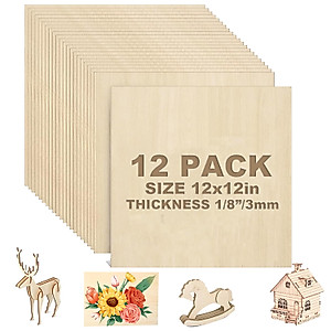 12 Pack 11.8 × 11.8 Inch Basswood Sheets Thin Wood Sheets Plywood Board Basswood Sheets 1/8 inch Square Unfinished Wood Boards for Crafts, DIY Project, Mini House Building Architectural Model Making