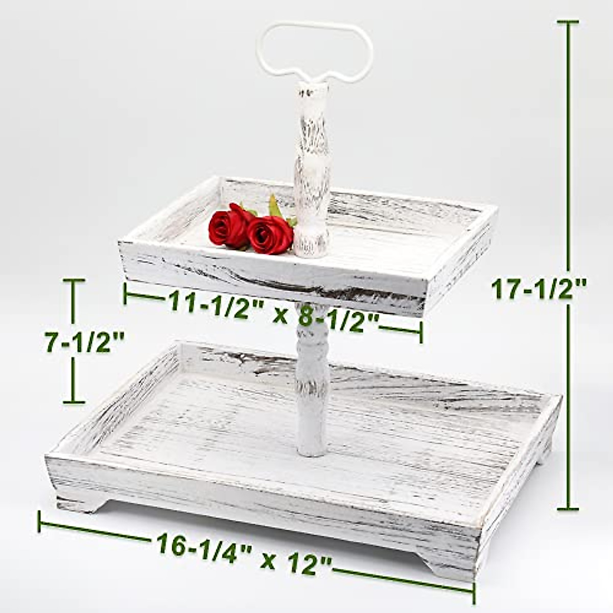 2 Tiered Tray Stand for Decor, Rustic Wooden Farmhouse Decorative Tray for Home Coffee Table Kitchen Counter by Witsbrez (White Wash Rectangle)