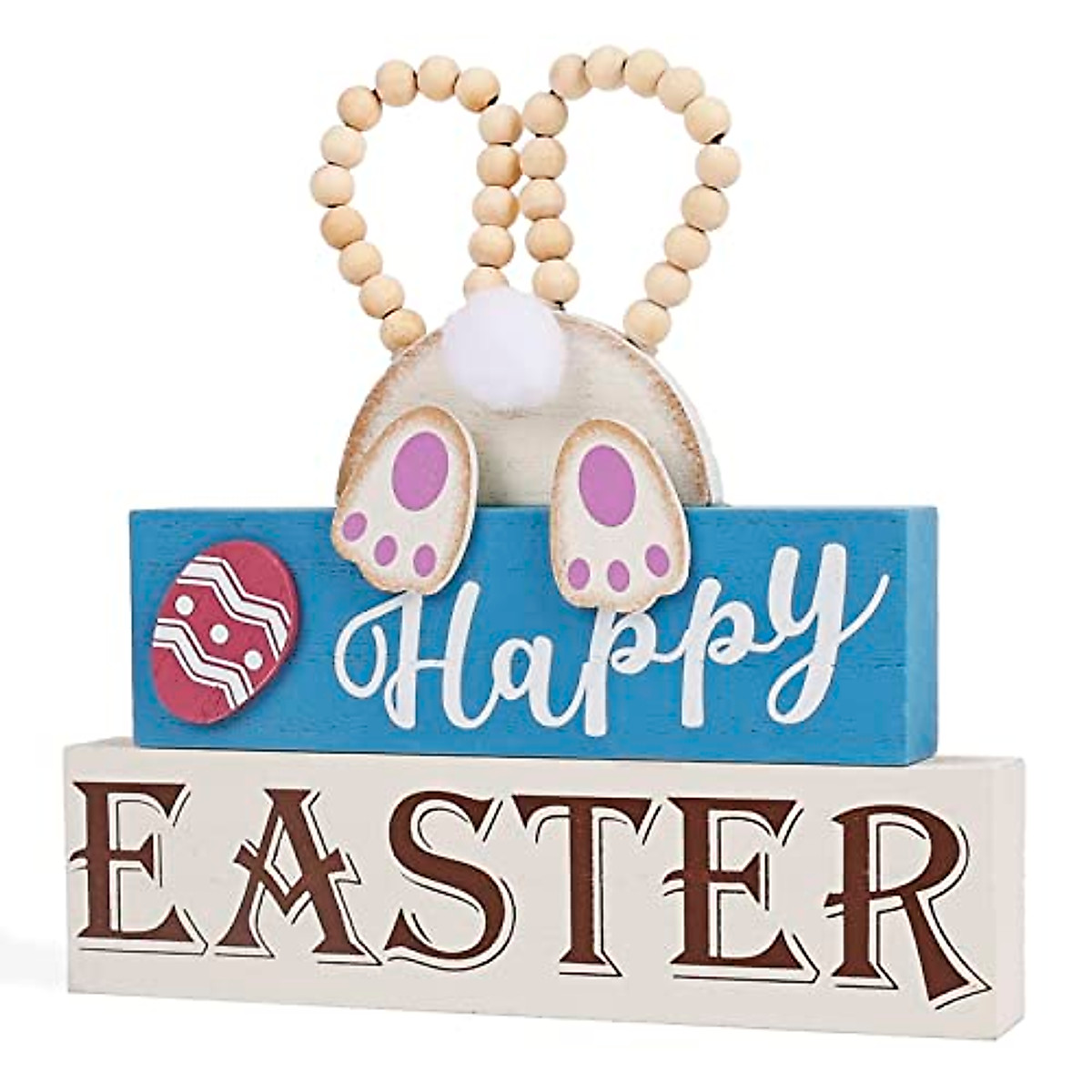 OYATON Easter Decorations for the Home - Rustic Spring Happy Easter Bunny Wood Sign Block with Egg and Wooden Beads Decor for Table, Mantle, Tiered Tray - Indoor Mini Easter Decor