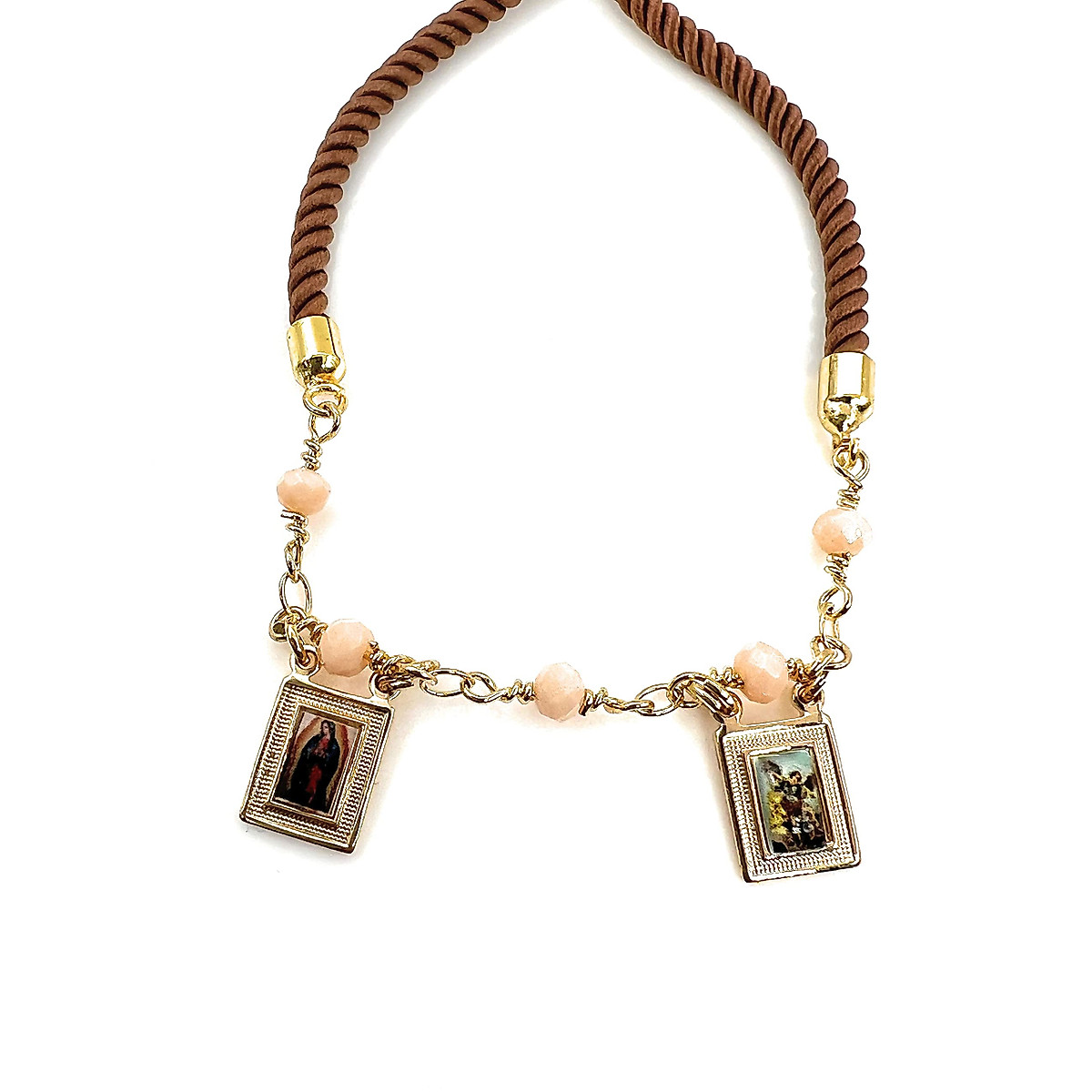 LESLIE BOULES Catholic Scapular Bracelet Crystal Beads & Brown Satin Cord
