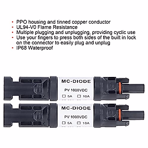 1000V Solar PV Connector, 2pcs Tinned Copper Conductor IP68 Waterproof Snap in Solar PV Fuse Holder for Solar Panel Connection 15A