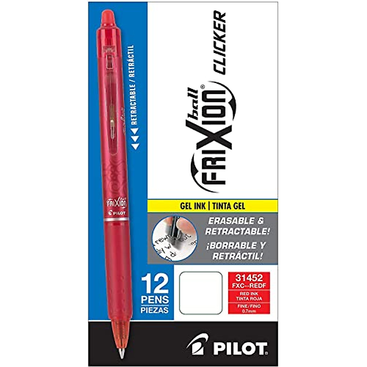 PILOT FriXion Clicker Erasable, Refillable & Retractable Gel Ink Pens, Fine Point, Red Ink, 12-Pack (31452)