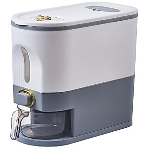 Sooyee 11 Lbs Rice Container, Large Grain Container Storage with Lid Measuring Cylinder Moisture Proof Household Cereal Dispenser Bucket for Kitchen Soybean Corn,White and Grey
