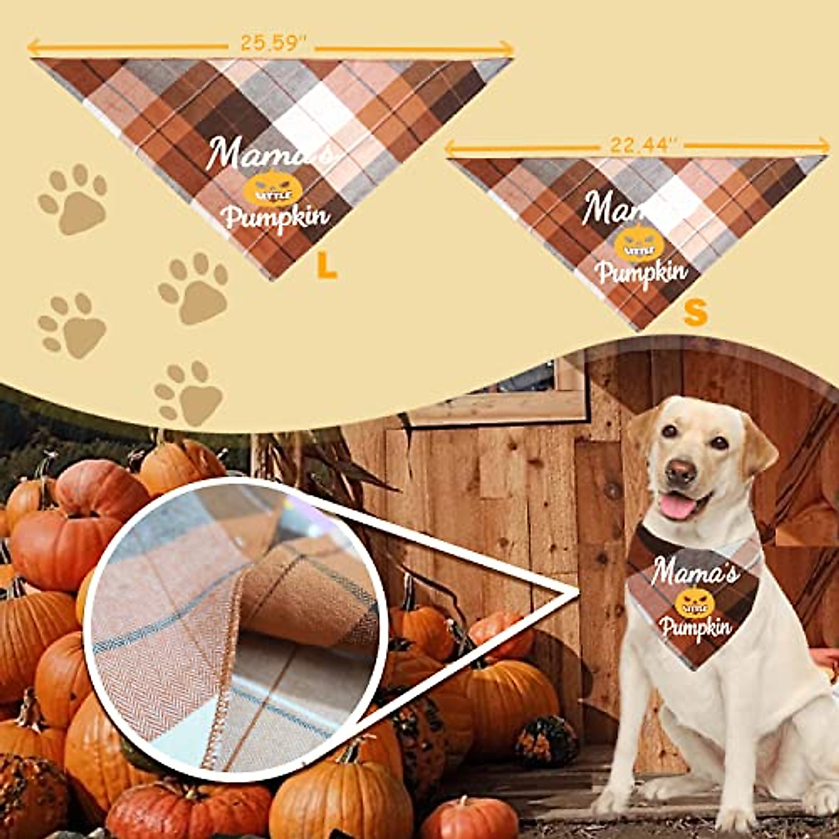 Fall Dog Bandana - Set of Washable Reversible Square Plaid Pet Kerchief Scarf for Halloween（Large）
