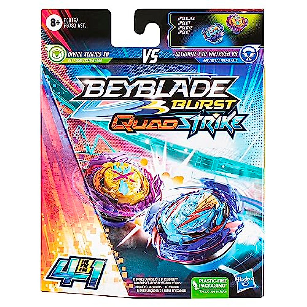 Beyblade Burst QuadStrike Ultimate Evo Valtryek V8 and Divine Xcalius X8 Spinning Top Dual Pack, 2 Battling Game Top Toy for Kids Ages 8 and Up