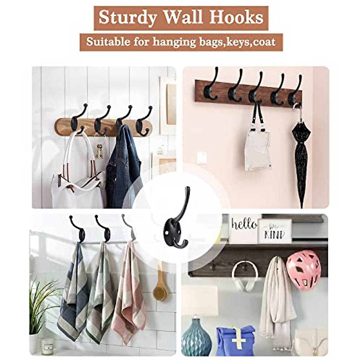 Kruodop 13 Pack Wall Hooks Wall Mounted Coat Hooks for Hanging Heavy Duty, Black Towel Hooks, Metal Double Coat Hanger with Screws Cup Retro for Coats, Handbags, Towels, Hat, Backpack