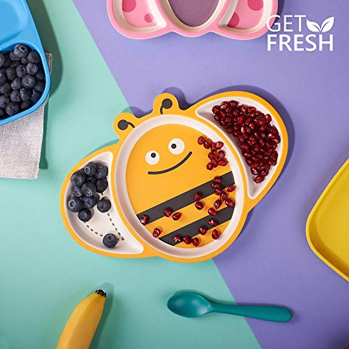 GET FRESH Bamboo Kids Divided Plates – 1pc Cute Bee Bamboo Toddler Divided Plate with 3 Compartments – Reusable Animal Sectioned Bamboo Fibre Childrens Plates – Dishwasher Safe Bamboo Kids Dinnerware