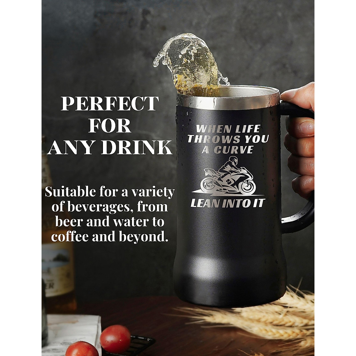 Onebttl Motorcycle Gifts for Men, When Life Throws You a Curve, Lean into it, Stainless Steel Beer Stein Tumbler, 24oz Beer Mug with Lid