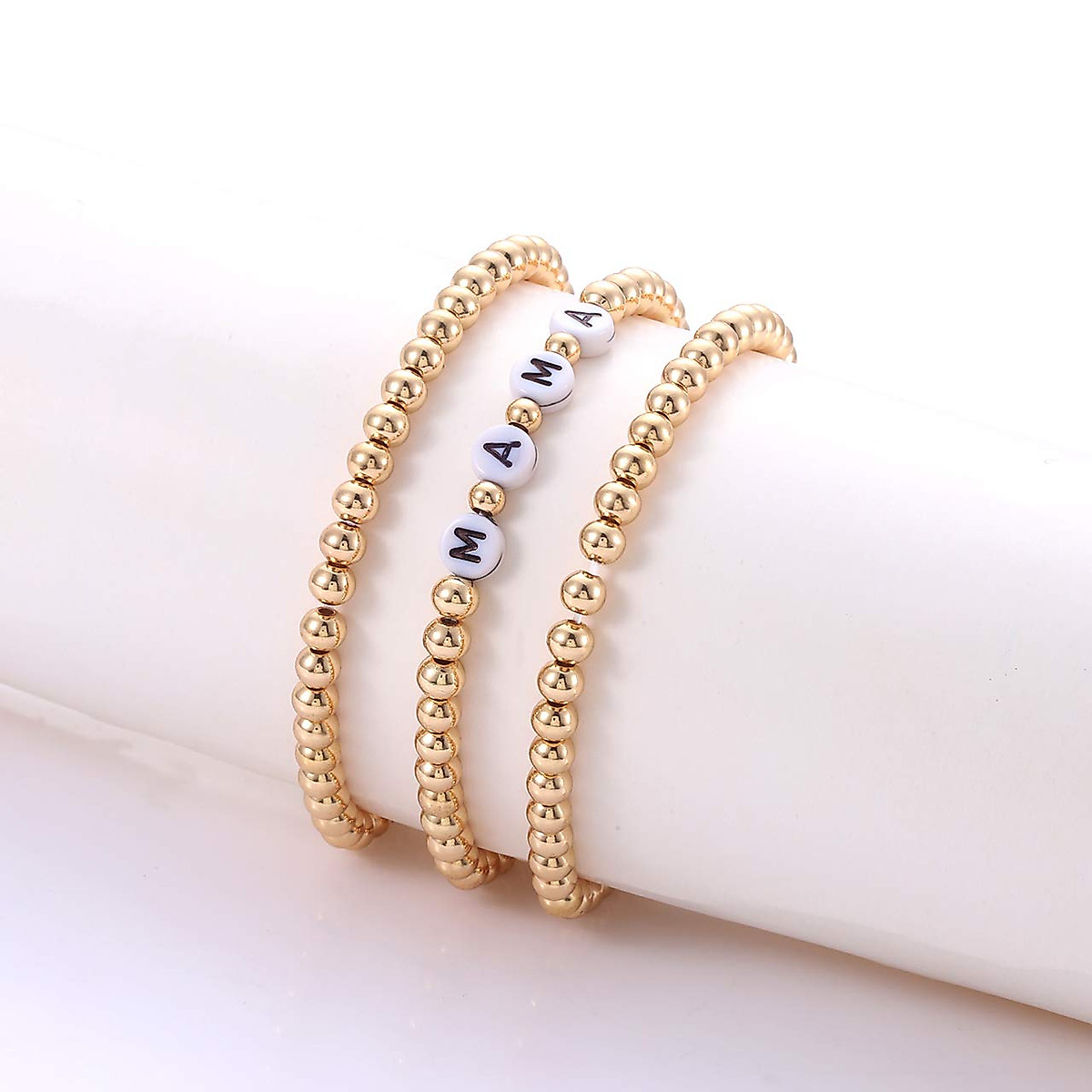 CEALXHENY Ball Bead Bracelets for Women Brass Bead Ball Chain Stretch Bracelets MAMA Letter Bangle Bracelets Gold Layering Bracelet Set Mother’s Day Thanksgiving Gifts (Letter MAMA)