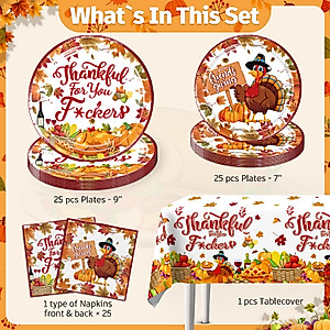 Thanksgiving Paper Plates and Napkins, Friendsgiving Party Decorations Plates Napkins Tablecloth Serving 25 Guests Thankful for You Funny Thanksgiving Friendsgiving Party Supplies Table Decorations