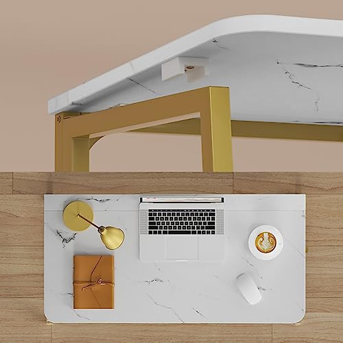 WOHOMO White Marble Folding Desk, 31.5" Small Desk for Small Spaces with Gold Legs, Easy Assemble Foldable Computer Desk, Mini Portable Working Table for Home Office, White and Gold