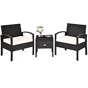 Toolsempire Outdoor Conversation Set 3 Pieces Patio Furniture, Outdoor Bistro Set Wicker Patio Chair with Water-Resistant Cushion & Storage Table for Backyard, Balcony, Porch (Beige)