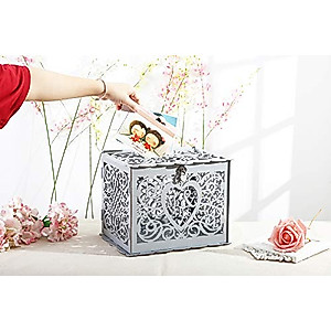 Mimacoo Wedding Money Box Holder with Sign, Large Rustic Wood Wooden DIY Envelop Gift Card Shadow Boxes with Lock Slot for Reception Anniversary (Silver)