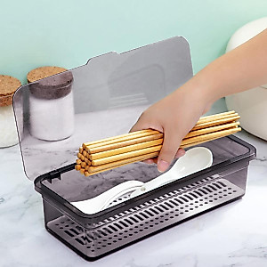 DOERDO Flatware Plastic Tray with Lid Kitchen Cutlery Tray and Utensil Storage Organizer Countertop Storage Container, Grey