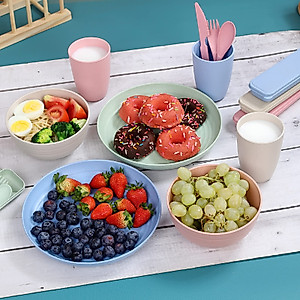 Wheat Straw Dinnerware Sets, 28PCS Plastic Plates and Bowls Sets College Dorm Room Essentials Dishes Set with Cutlery Set Microwave Safe (Colorful)