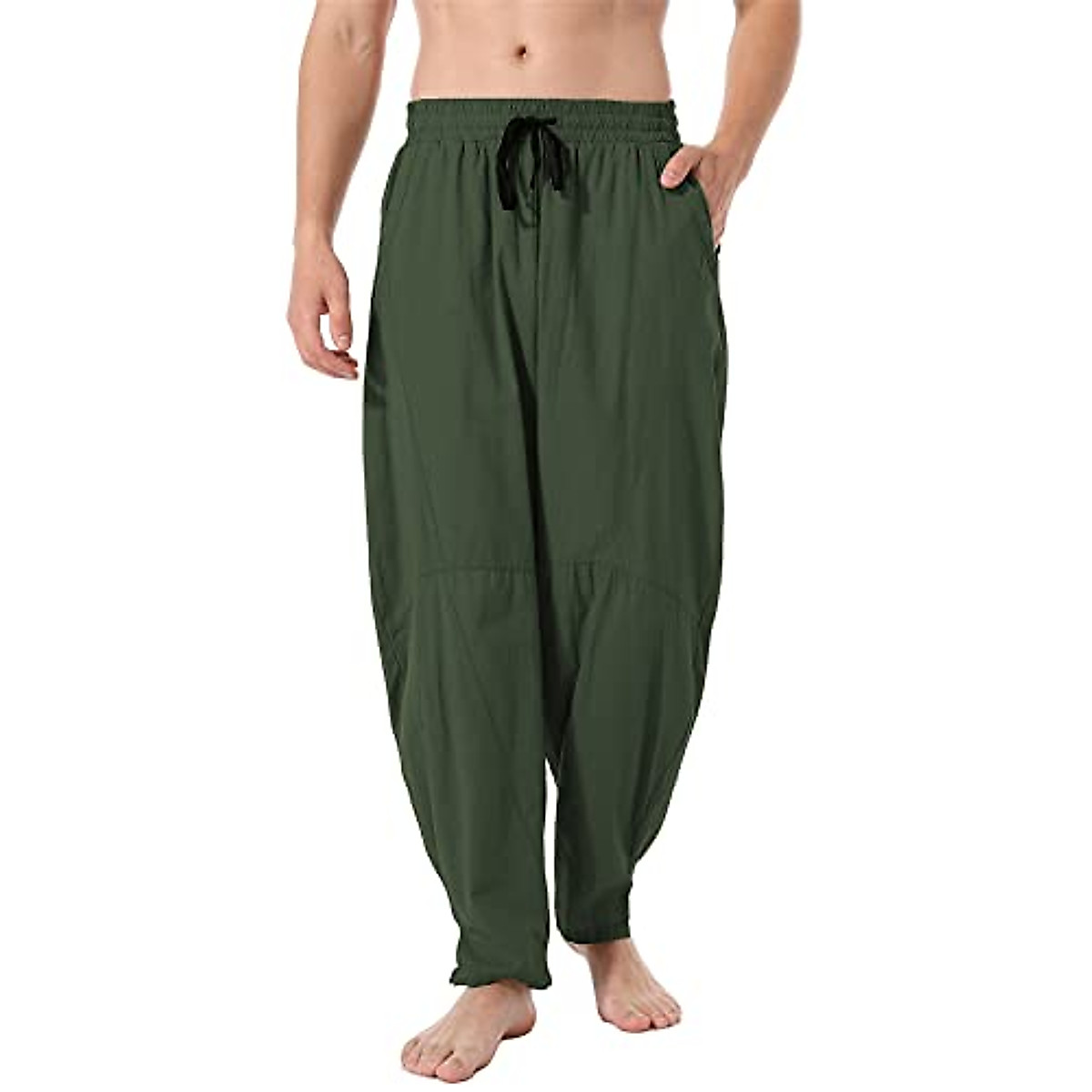 perdontoo Mens Linen Cotton Loose Fit Casual Lightweight Elastic Waist Summer Pants (Medium, Army Green)