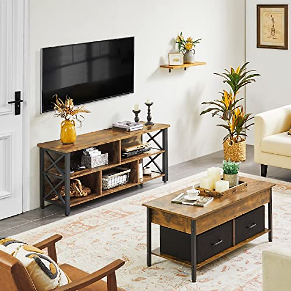 Yaheetech TV Stand for 65 Inch TV, Industrial Entertainment Center with 5 Storage Compartments, Rustic TV Console for Living Room Wood and Metal, Rustic Brown