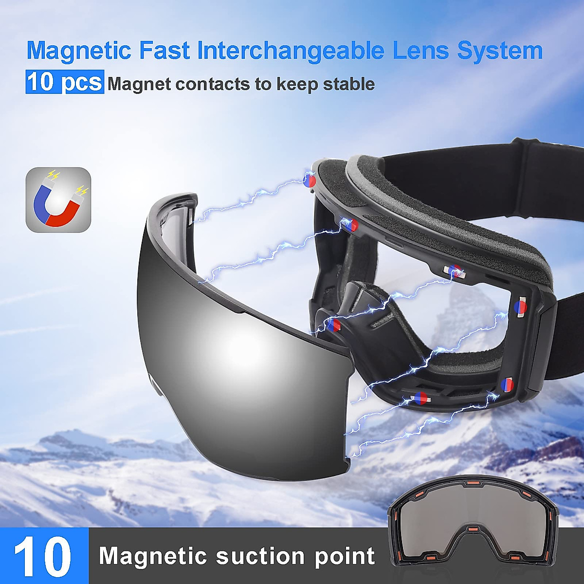 EXP VISION Ski Goggles Anti-Fog Adult Snowboard Goggles with UV Protection, Over The Glasses Snow Goggles