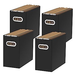 POUYRBA File Organizer, 4pcs Black Cardboard Hanging File Folder Box with Handle for Letter Size Easy Assemble Collapsible File Cabinet Organizer for Home Office and School