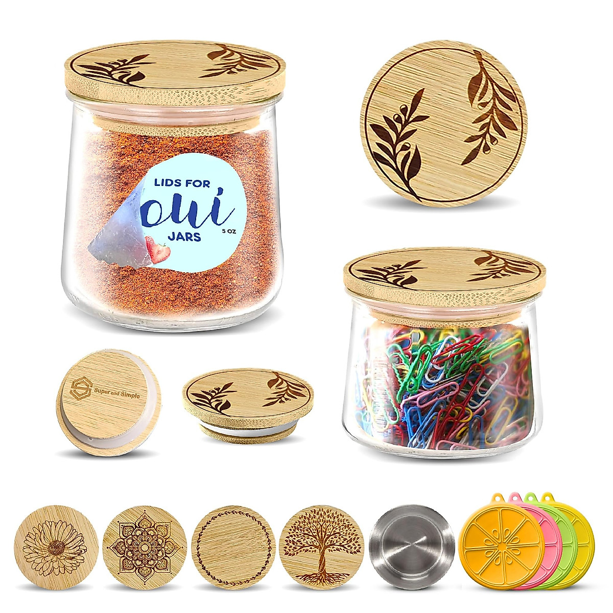 4 Oui Yogurt Jar Lids With Beautiful Olive Branches Pattern. Made of Bamboo Wood with Food Grade Silicone Sealing Ring. Durable, Food-Safe, Airtight Fit. Oui Yogurt Jar Lids for Regular or Petite Jars