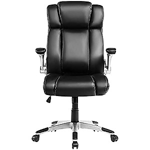 KCREAM Office Chair,Adjustable Computer Chair PU Leather Swivel Task Chair Flip-up Armrests Ergonomic Desk Chair with Thick Padded Lumbar Support (9139-black)