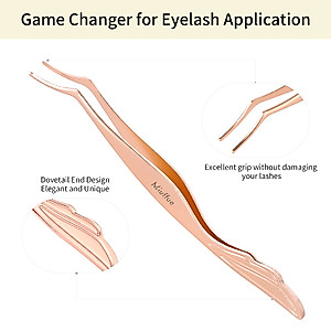 Miuffue Lash Applicator Tool DIY False Eyelash Applicator Tool Stainless Steel Curved Eyelash Tweezers for Clusters and Strip Lashes, Rose Gold