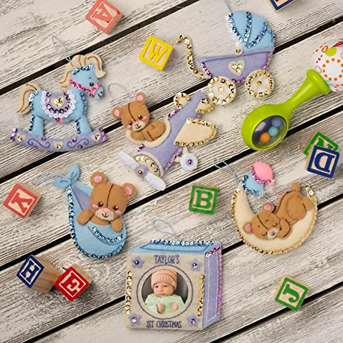 Bucilla Felt Applique 6 Piece Ornament Making Kit, Baby's First Christmas, Perfect for DIY Arts and Crafts, 89567E