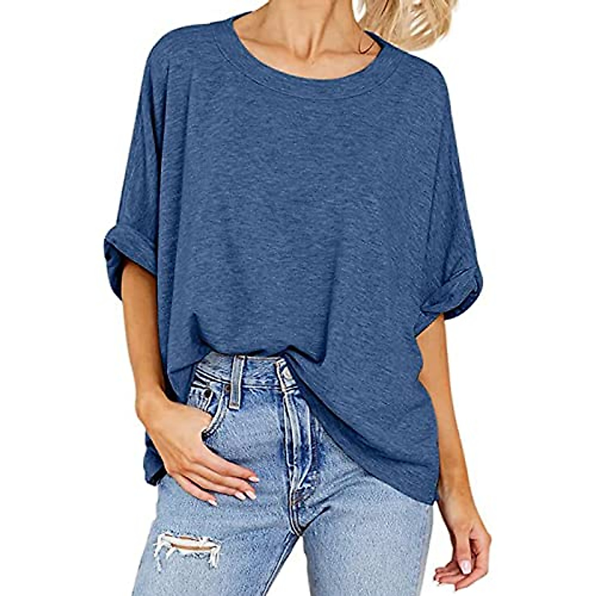 DASAYO Women Plus Size Tshirts Tops Crew Neck Solid Half Sleeve Shirt Tunic Comfy Casual Summer Plain Loose Blouse T Shirts