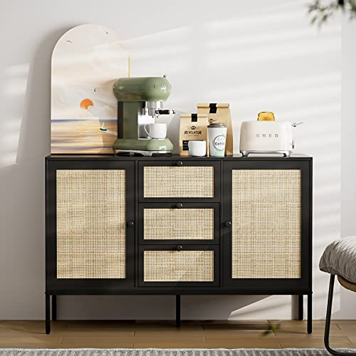 IKIFLY Rattan Sideboard Buffet Cabinet, Boho Rattan Storage Cabinet with 3 Drawers and 2 Doors, Accent Console Table Cabinet for Living Room, Kitchen, Dining Room, Entryway - Black