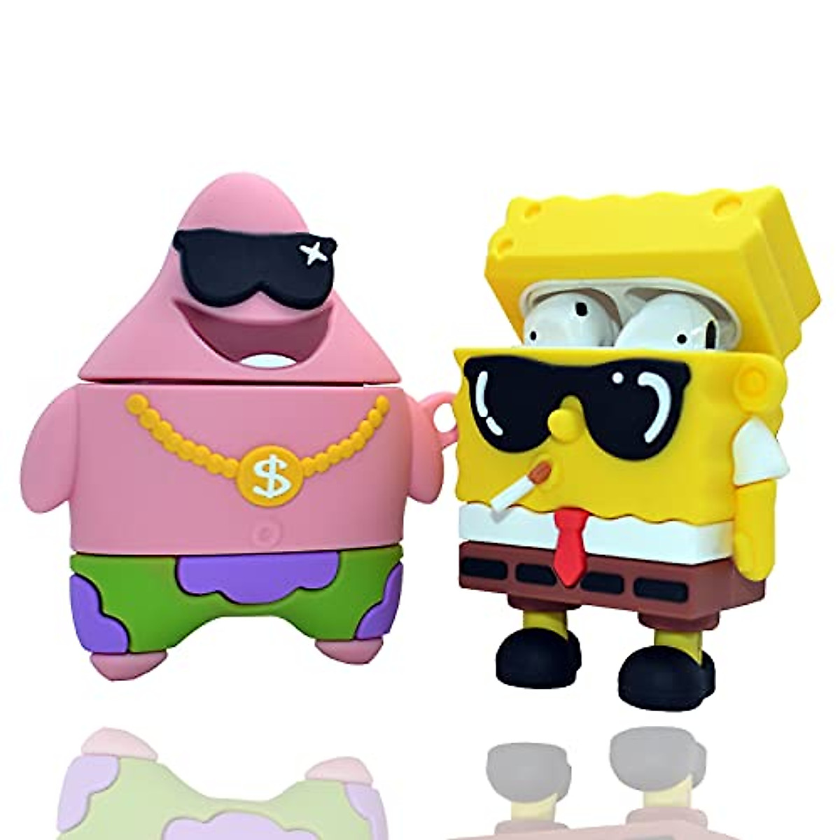 Airpods Case 3D Cute and Funny Anime Characters Cool Spongebob Squarepants and The Rich and Famous Patrick Star Advanced Soft Silicone Airpods Case (2pcs)