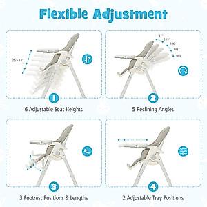 BABY JOY High Chair for Babies & Toddlers, Foldable Highchair with Adjustable Backrest, Footrest and Height, Removable Tray, Detachable Seat Cushion, 4 Lockable Wheels (Gray)