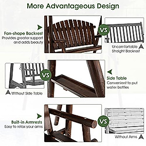 Tangkula Wooden Porch Swing, 2 Person A-Frame Outdoor Swing with Adjustable Canopy, Armrest, 2 Side Tables, Outdoor Swing with Wood Stand for Garden, Backyard, Deck, Poolside (Rustic)