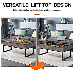 Yaheetech Lift Top Coffee Table with Storage, Industrial Lift up Living Room Table with Metal Frame, Wood Coffee Table for Living Room & Office , Taupe Wood