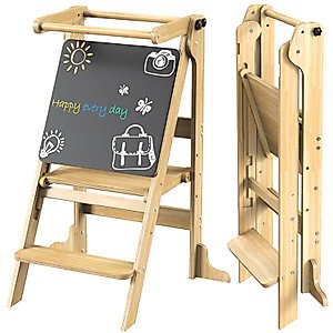 Toddler Tower Foldable - Kids Kitchen Step Stool with 3 Adjustable Heights & Safety Rail, Montessori Tower with Chalkboard for Learning, Standing Tower Helper Stool for Kitchen Counter Sink (Natural)