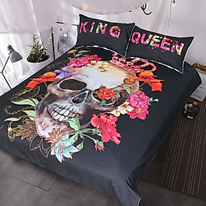 BlessLiving Skull Roses Bedding Queen Size 3 Pieces Sugar Skull Duvet Cover with 2 Queen and King Print Pillow Cases Couples Bedding Skull Bedset