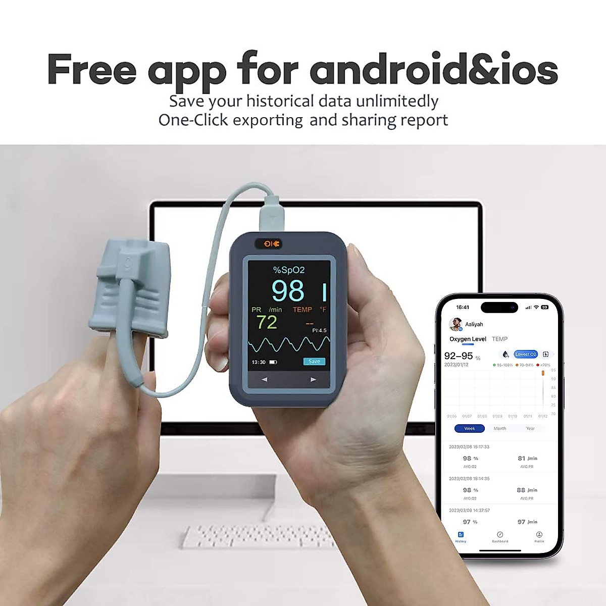 Wellue Smart Pulse Oximeter for Adults and Infant, Handheld Oxygen Monitor for SpO2&HR&body temperature, Rotatable Touchscreen, Free APP&PC Software (checkmepro)