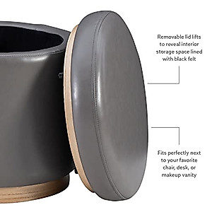 Linon Lexington Grey Faux Leather Round Storage Ottoman with Wood Accent
