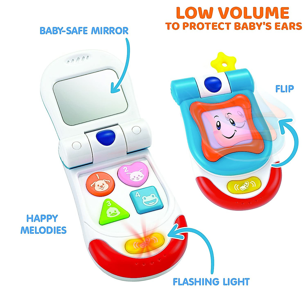 Baby Toy Flip Phone – 4 Interactive Sound and Music Buttons Plus Realistic Ringtone – Includes a Mirror and Fun Light Effects – Smartphone Toy for Babies 3+ Months – ASTM Certified