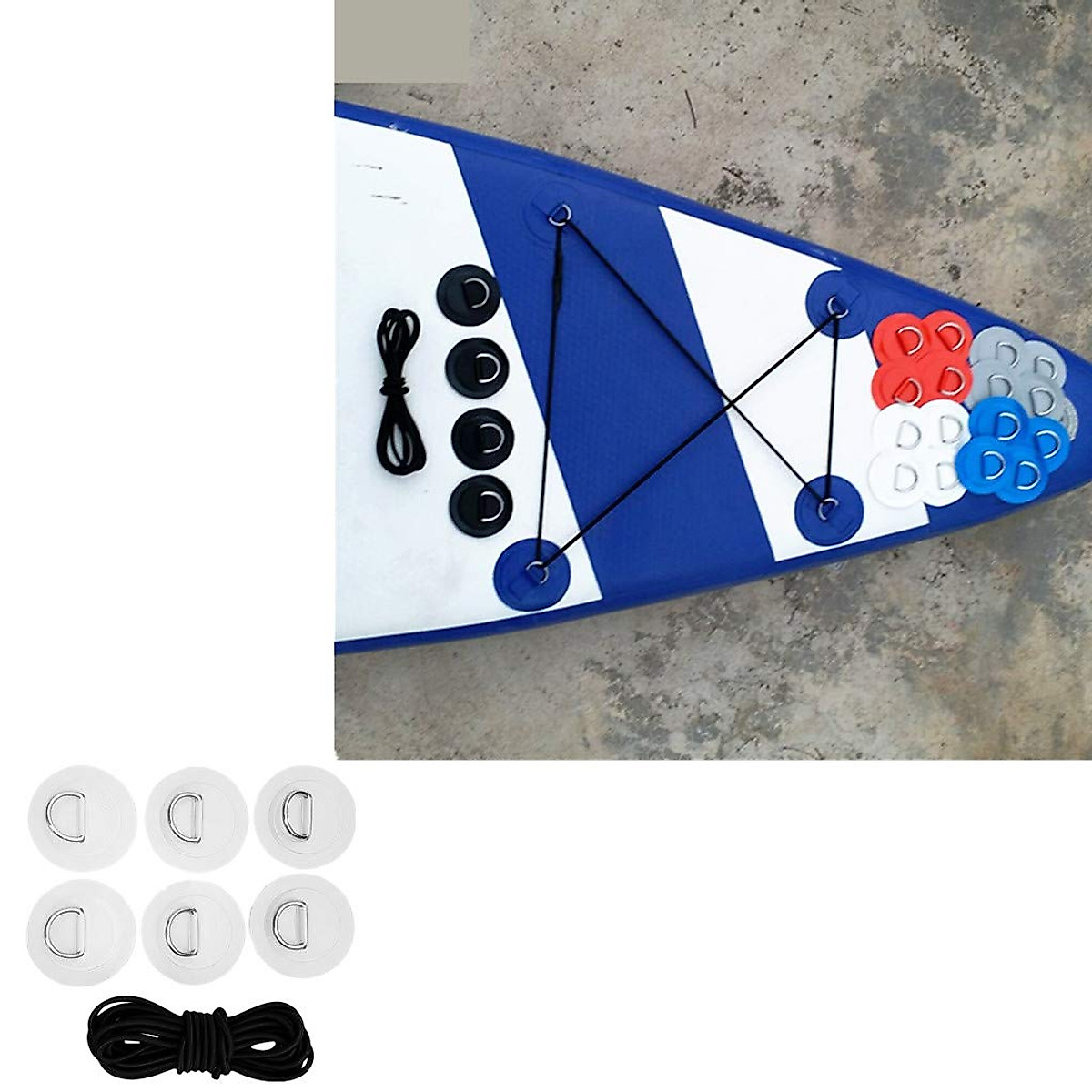 YiMusic Heavy Duty SUP Bungee Deck Rigging Kit with 6 Pieces Stainless Steel D-Ring Patch Suit for PVC Inflatable Boat Kayak Canoe Deck Accessories (White)