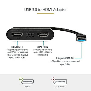 StarTech.com USB 3.0 to Dual HDMI Adapter - 1x 4K 30Hz & 1x 1080p - External Video & Graphics Card - USB Type-A to HDMI Dual Monitor Display Adapter - Supports Windows Only - Black (USB32HD2)