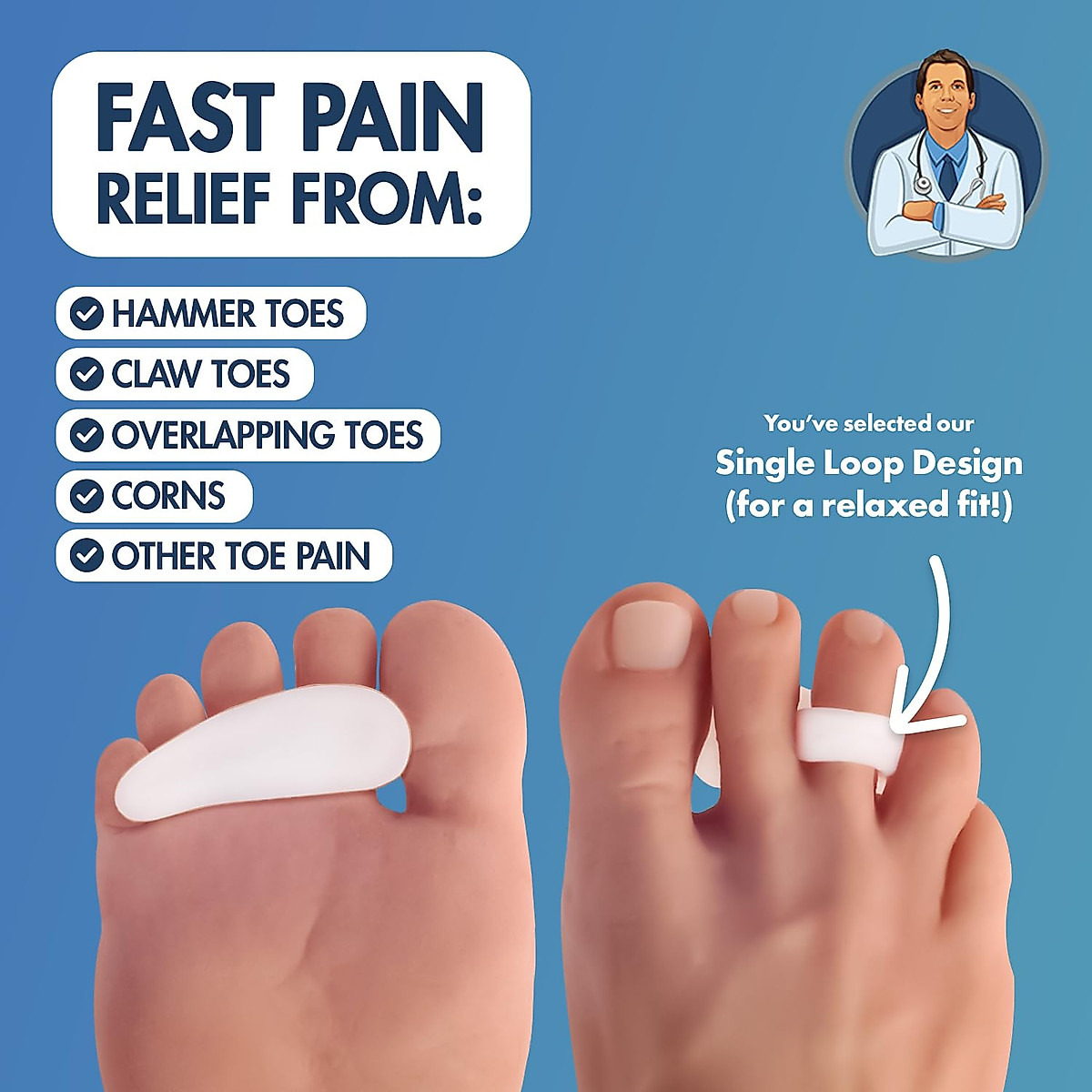 Dr. Frederick's Original Hammer Toe Gels - 2 Pairs - Hammer Toe Support Crest for Women & Men - Joint Realign - Cushion, Support & Temporary Splint - Crooked, Claw, Toe Brace - White - 1 Loop Design